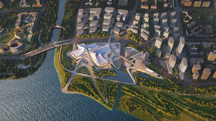 ZHA Cao'e River Culture & Art Centre Render by Atchain Aerial masterplan (1) - Archiscene - Your ...