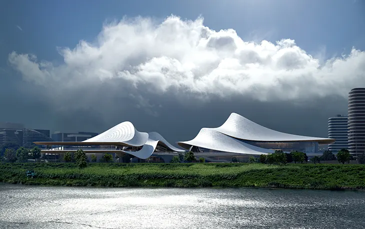 ZHA Cao'e River Culture & Art Centre Render by Atchain Aerial ...