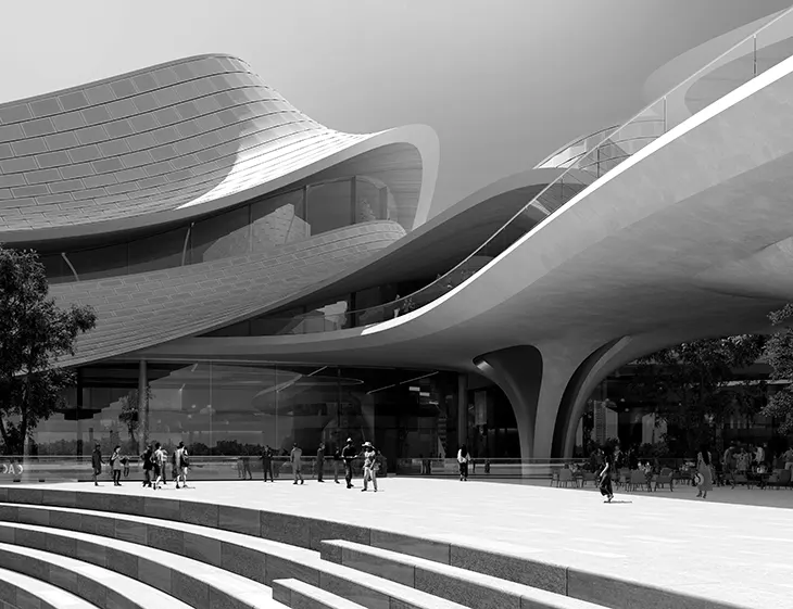 ZHA Cao'e River Culture & Art Centre Render by Atchain Aerial ...